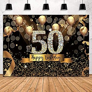 Sensfun 7x5ft Happy 50th Birthday Party Photography Backdrop Glitter Black and Gold Balloons Background for Woman Fabulous 50 Bday Party Decorations Shining Diamond Fifty Years Old Photo Booth Banner