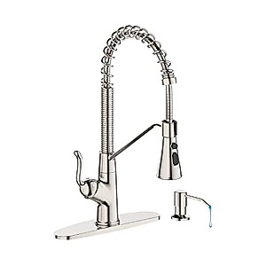 Kitchen Faucet with Soap Dispenser,Single Handle Faucet for Camper Farmhouse RV Kitchen Sink,Spring Kitchen Sink Faucets with Pull Down Sprayer and Deck Plate,Three-Function Spray Head, Brushed Nickel