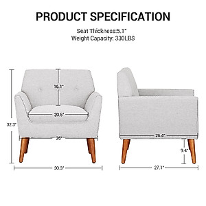 FUNKEEN Beige Accent Chair, Living Room Chair Linen Armchair Button Tufted Mid Century Modern Comfy Chair Upholstered Single Sofa Chair for Bedroom Reading Room Club Studio