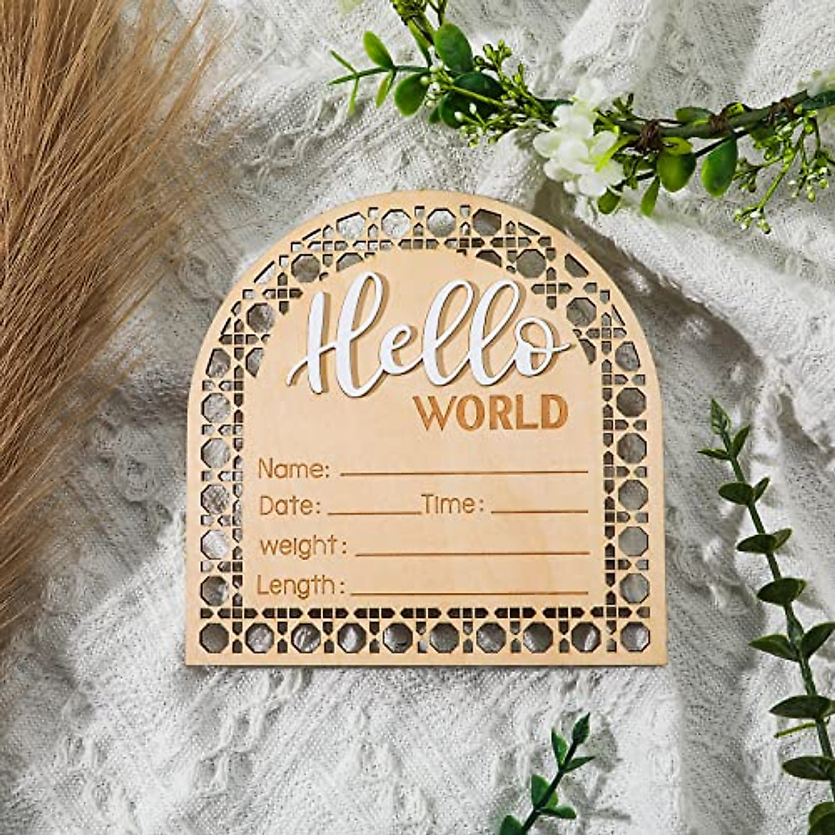 Baby Announcement Sign, 5.5 Inch Wooden Birth Newborn Welcome Sign Hello World New Baby Name Sign, Name Plaques for Girl Boys Photo Prop Baby Shower Nursery Hospital