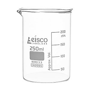 EISCO Beaker, 250ml - Low Form with Spout - White, 50ml Graduations - Borosilicate 3.3 Glass
