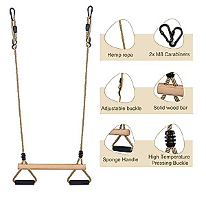 Wooden Trapeze Swing Bar with Gym Rings for Children's Swing Set Indoor Outdoor Garden,Yard,Playground