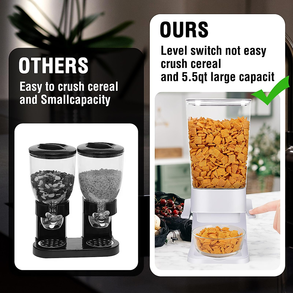 Cereal Dispenser Countertop 2pcs,5.5L Cereal Containers Storage Dispenser for Pantry,Dry Food Storage Rice Containers,Candy Dispenser,Snack Organizer Machine for Grains, Nuts,Oatmeal, Pet Food White