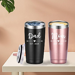Dad and Mom Est 2024 Travel Mug Tumbler.New Parents Pregnancy Gifts.Fathers Mothers Day Anniversary Birthday Christmas Gifts Ideas for New Mom Dad.Parents to Be Baby Shower Gifts(20oz Black&Rose Gold)