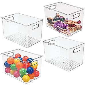 mDesign Deep Plastic Home Storage Organizer Bin with Built-in Handles for Cube Furniture Shelving in Office, Closet, Cabinet, Bedroom, Bathroom, Nursery, Dorm - Ligne Collection - 4 Pack - Clear
