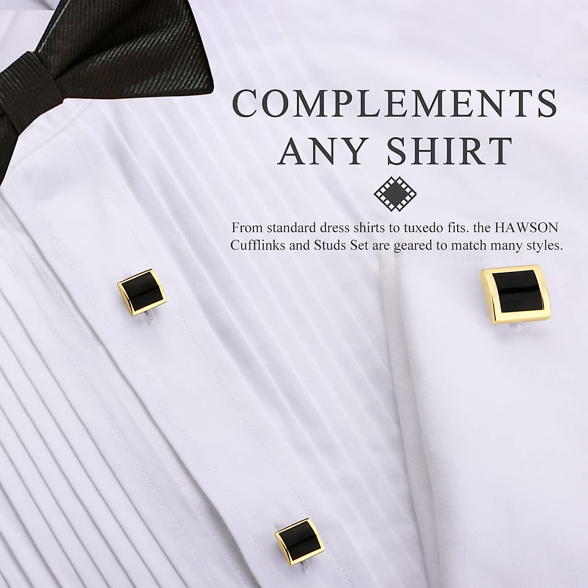 HAWSON Cufflinks and Studs for Men-Mens Fashion Cufflinks and Tuxedo Shirt Studs Set for Regular Wedding Business Accessories (Gold +Black Enamel)