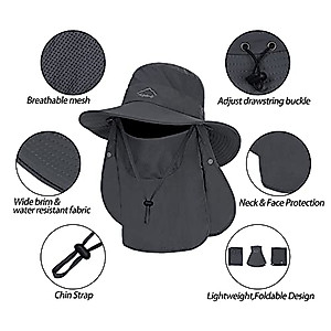 Men's Wide Brim Sun Fishing Hat Outdoor UPF 50+ Sun Protection with Removable Face and Neck Flap Dark Grey