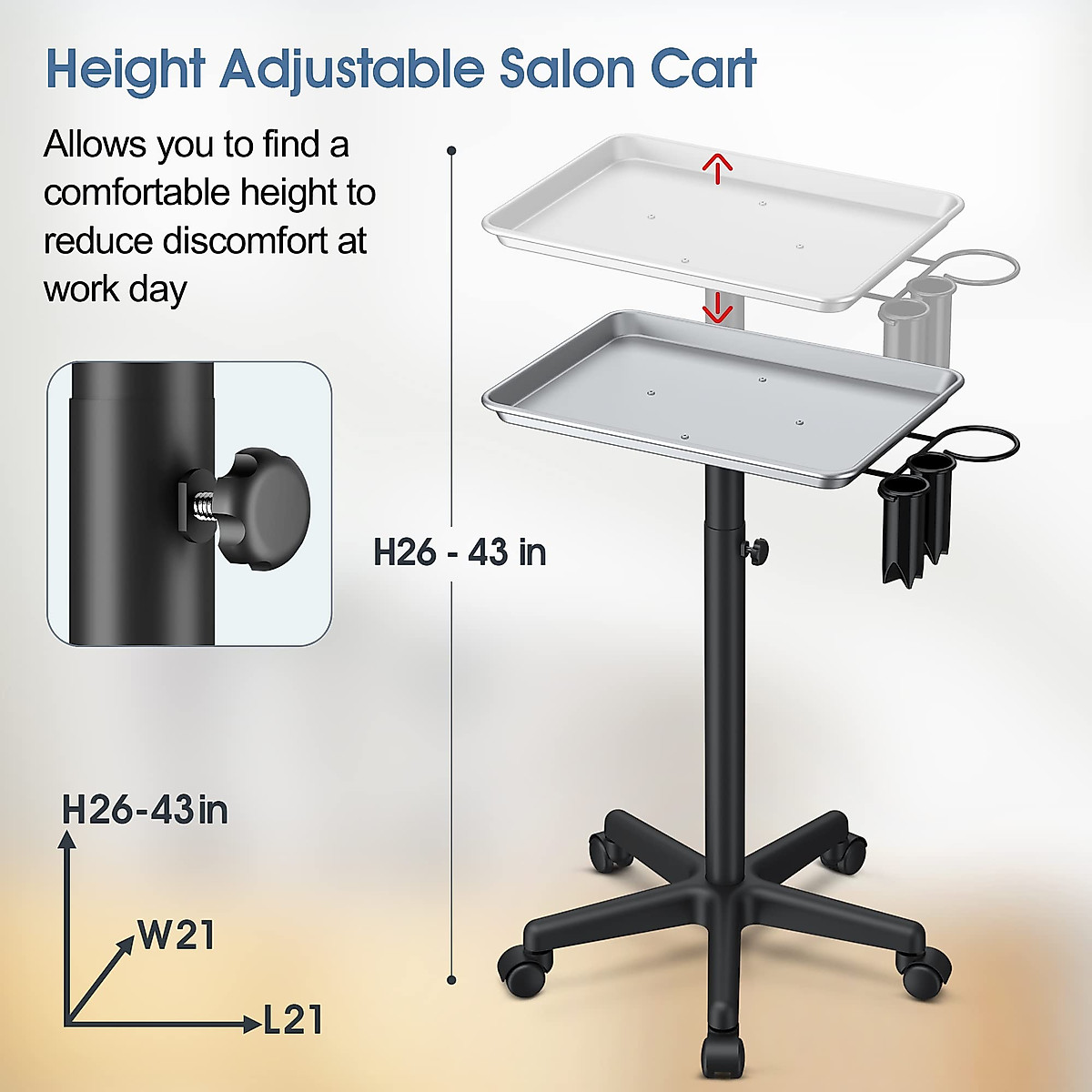 Premium Aluminum Instrument Salon Tray W/Accessory Caddy Tattoo Rolling Tray Station Height Trolley Beauty Tool