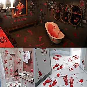 173PCS Halloween Bloody Footprints Floor Clings Plus Tattoos - Hallowmas Handprint Zombie Restroom Sign Decals Party Decorations