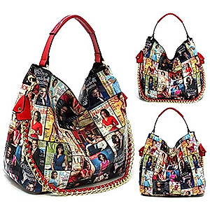 2PCS SET Michelle Obama Pop Art Print Collage 2-in-1 Satchel Bag,Clutch,Wallet 2pcs set (Hobo-Multi/red)