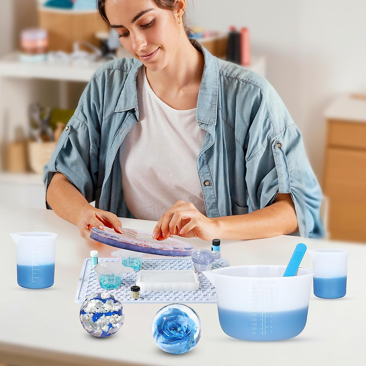 LET'S RESIN Silicone Measuring Cups,Resin Supplies with 600ml/20oz&100ml Thickening&Polishing Resin Mixing Cups,Easy to Clean,Silicone Stir Sticks,Silicone Cups for Epoxy Resin Mixing