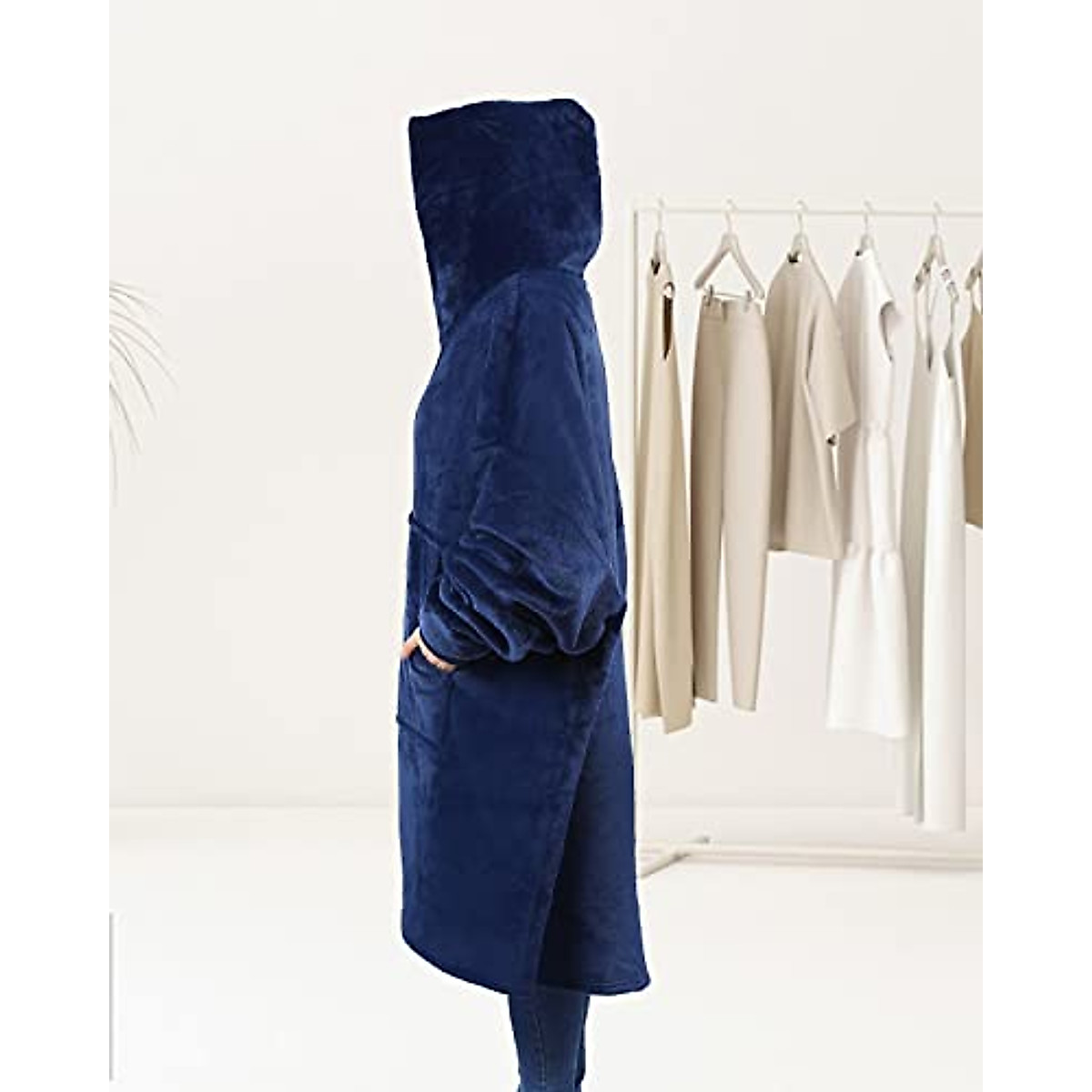 Wearable Blanket Hoodie for Adult Women Men - Oversized Hooded Blanket Sweatshirt with Giant Pocket and Elastic Sleeve (Navy Blue-Long)