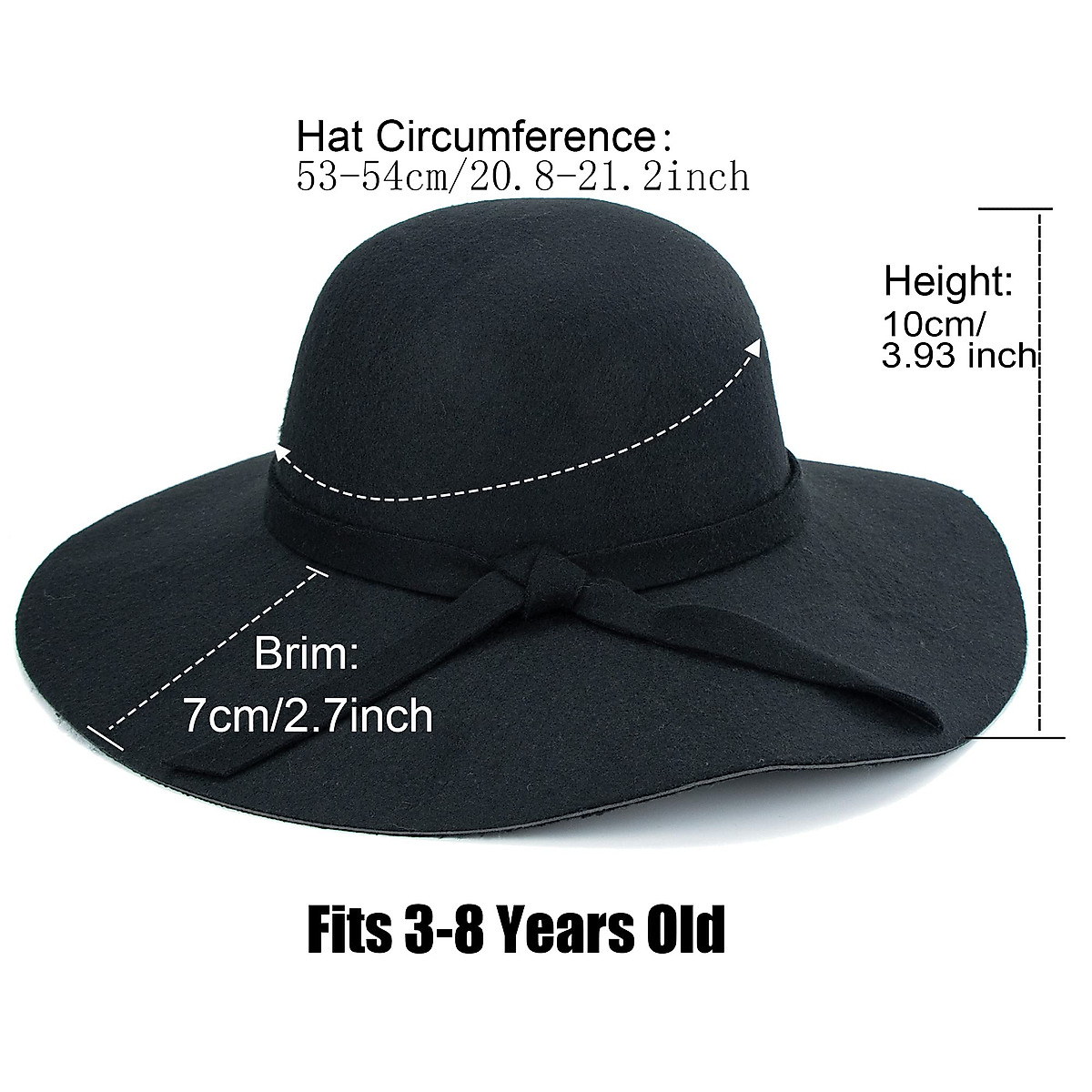 Wide-Brim Kids Girls Floppy-Hat Vintage Fedora Hats for Girl Boho Felt Bowler-Cap 3 to 8 Years (3-8 Years, Black)