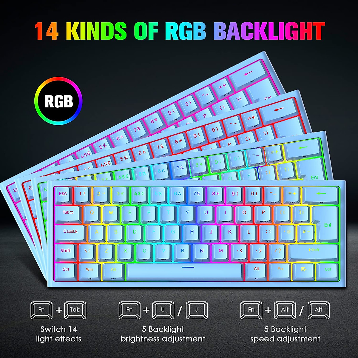 MAGIC-REFINER 60% Mechanical Gaming Keyboard Red Switch Mini 62 Keys Wired Type C 14 Backlit Effects,Lightweight RGB 6400 DPI Honeycomb Optical Mouse Mouse pad for Windows & Mac PC Gamer(Blue)