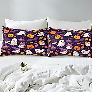 Feelyou Happy Halloween Duvet Cover Halloween Bedding Set for Kids Boys Girls Pumpkin Lantern Comforter Cover Witch Hat Ghost Bedspread Cover Bedroom Collection 3Pcs Full Size