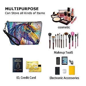 PIHNSDUA Watercolor Horse Cosmetic Bag Small Makeup Pouche PU Leather Zip Makeup Bags with Wrist Strap for Women Gifts