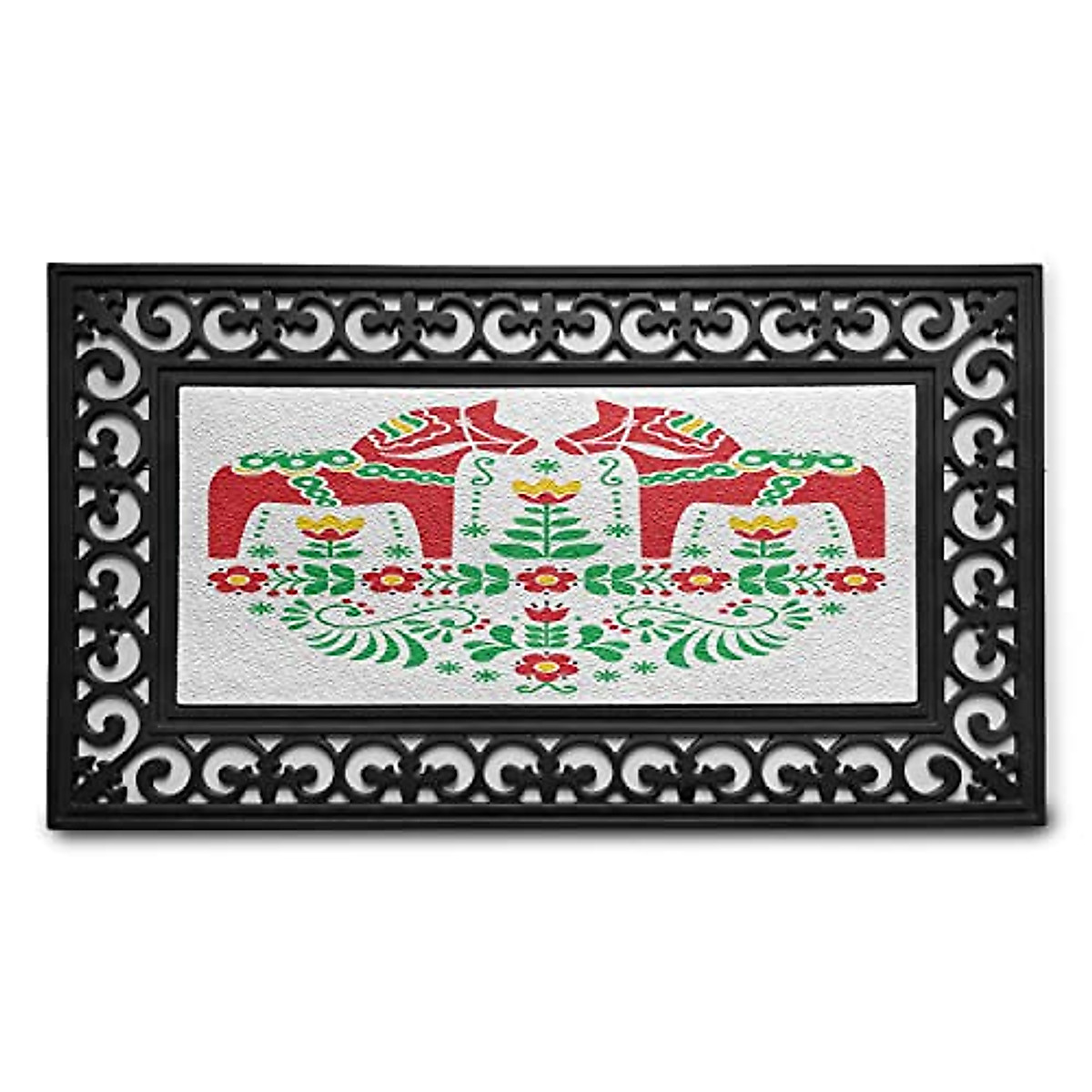 Ambesonne Polish Folk Doormat, Floral Ornament with Dala Horse Symmetric Design, Rectangle Entryway Welcome Mat for Front & Backard 2 Pieces, 17.3" x 29.3", Vermilion Earth Yellow