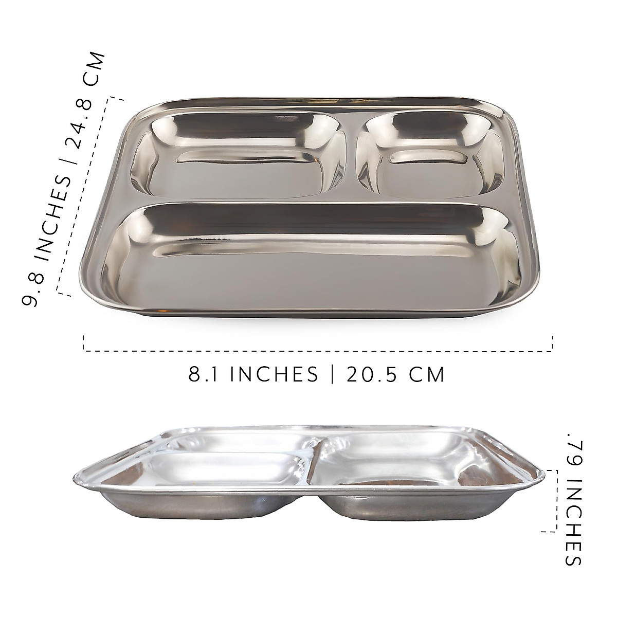 Darware Stainless Steel Divided Plates/Compartment Trays (4-Pack); 9.8 x 8.1 Inches Oblong 3-Section Mini Trays, Great Size for Kids, Portion Control, Camping