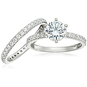 Amazon Essentials Platinum-Plated Sterling Silver Round Ring Set made with Infinite Elements Cubic Zirconia (1 Carat Center Stone), Size 9 (previously Amazon Collection)