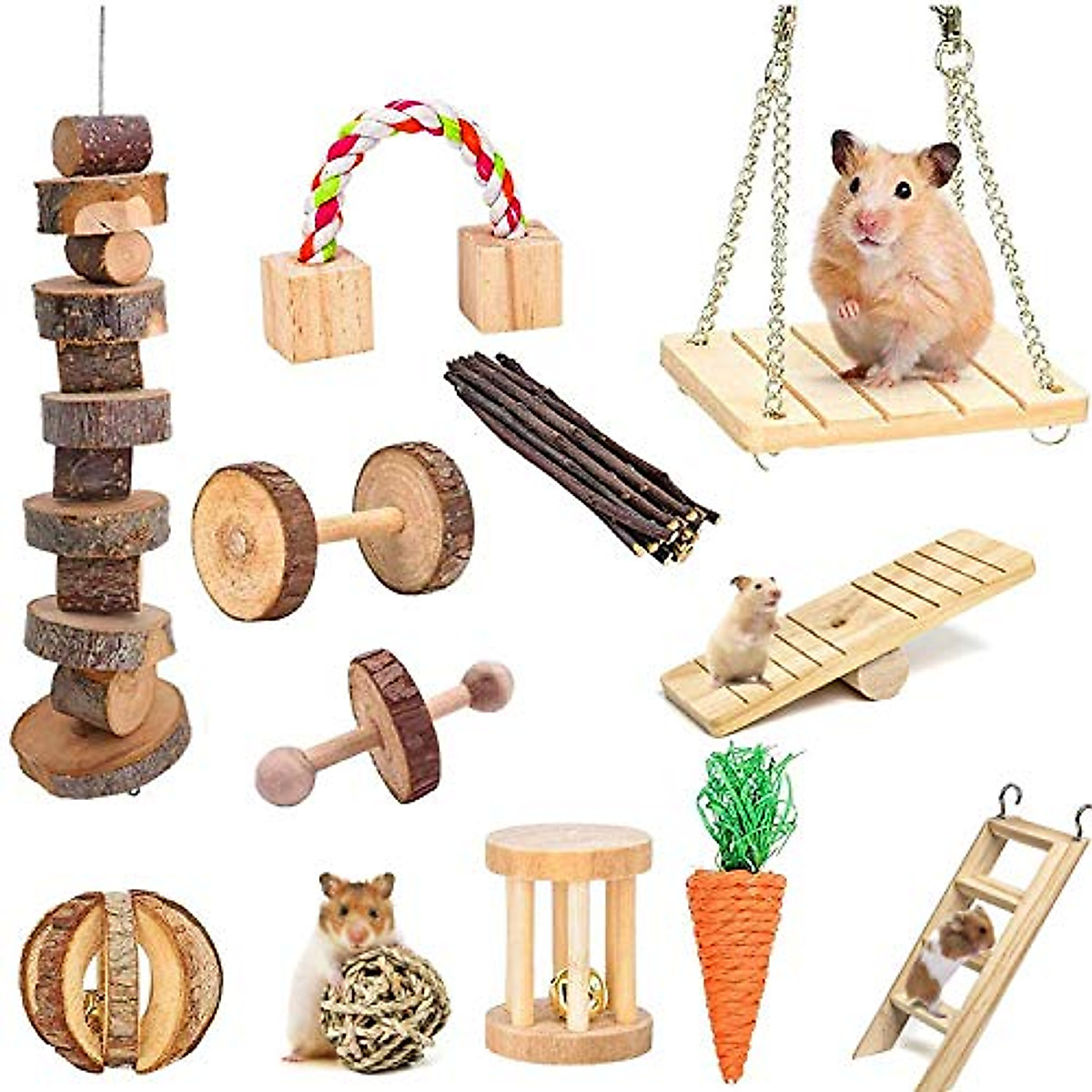 Gcace Hamster Pet Bunny Chew Toys - Natural Wooden Play Exercise Dumbells Seesaw Exercise Playing Teeth Care Molar Small Pets Accessories for Chinchillas Gerbils Bunnies Rats Small Animals