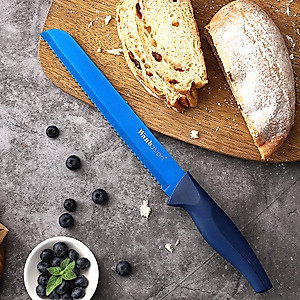 Wanbasion Blue 8 Inch Serrated Bread Knife, kitchen Bread Knife Serrated with Sheath, Stainless Steel Bread Knife for Homemade Bread Cake