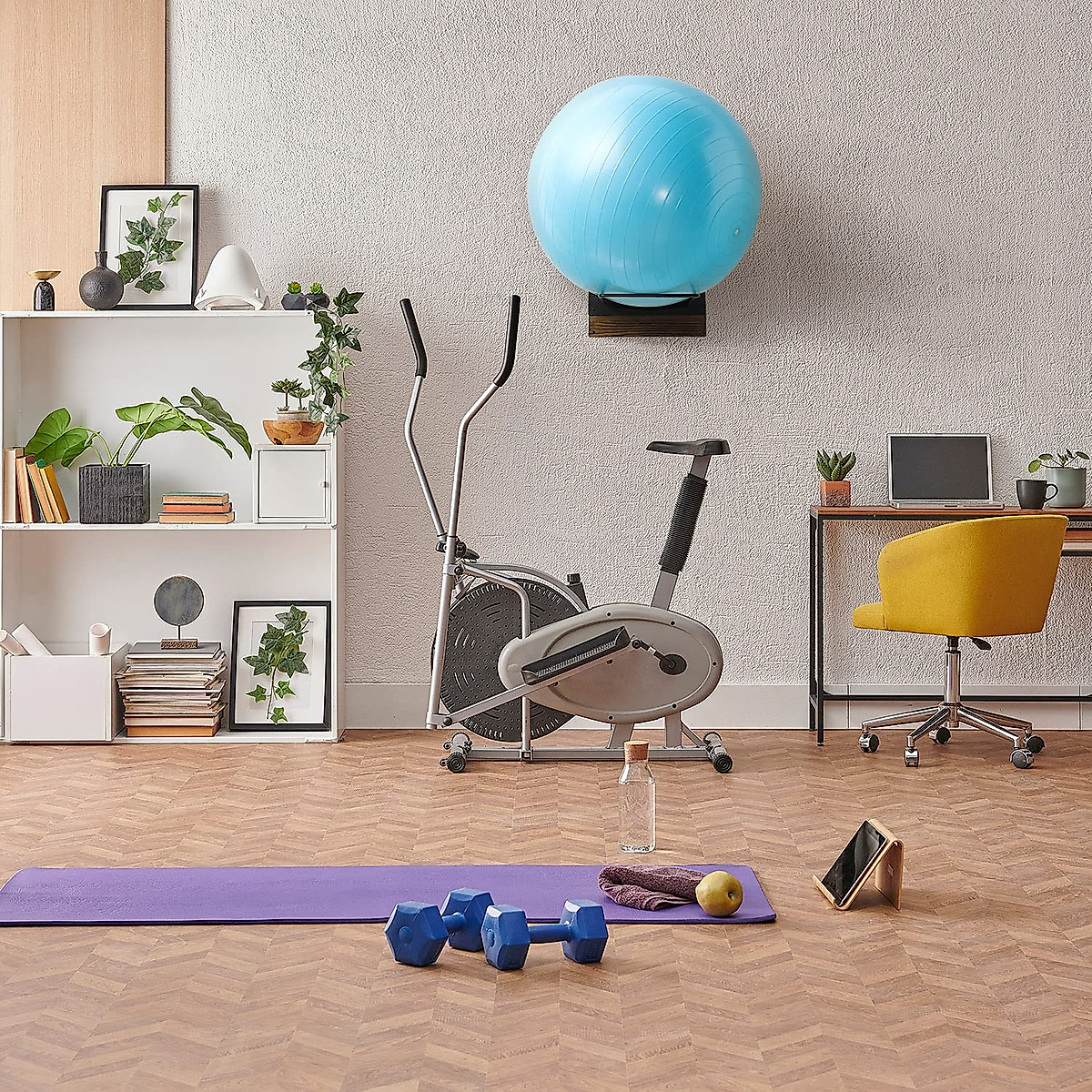 MyGift Rustic Burnt Wood and Black Metal Wire Wall Mounted Large Stability Ball Storage Rack, Yoga Studio and Home or Commercial Gym Exercise Ball Equipment Organizer