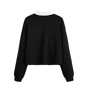 Verdusa Women's Button Front Polo Collar Drop Shoulder Pullover Top Sweatshirt Black S
