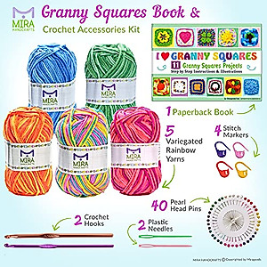 Mira Handcrafts Multicolored Crochet Yarn for Knitting and Crocheting | 5 Variegated Yarn Skeins (50g Each) | Total 547 Yards Bulk Yarn with Crochet kit– Ideal Beginners kit | Rainbow Colors Set