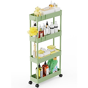 LEHOM 5.3" Slim Storage Cart - 4 Tiers Bathroom Organizer Mobile Shelving Unit Storage Rolling Utility Cart Slide Out Organizer for Kitchen Bathroom Laundry Narrow Places, Green