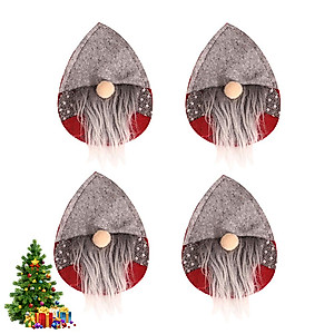 Amosfun Christmas Knife Spoon Holder Pocket Xmas Kitchen Cutlery Holder Silverware Holder Pouch Wine Bottle Cap Cover for Christmas Party (Grey Hat) 4 Pcs