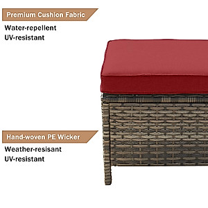 HUMMUH Outdoor Furniture 5 Pieces Patio Furniture Set Wicker Outdoor Sectional Sofa with 2 Patio Chairs,Ottomans(Grey/Red)