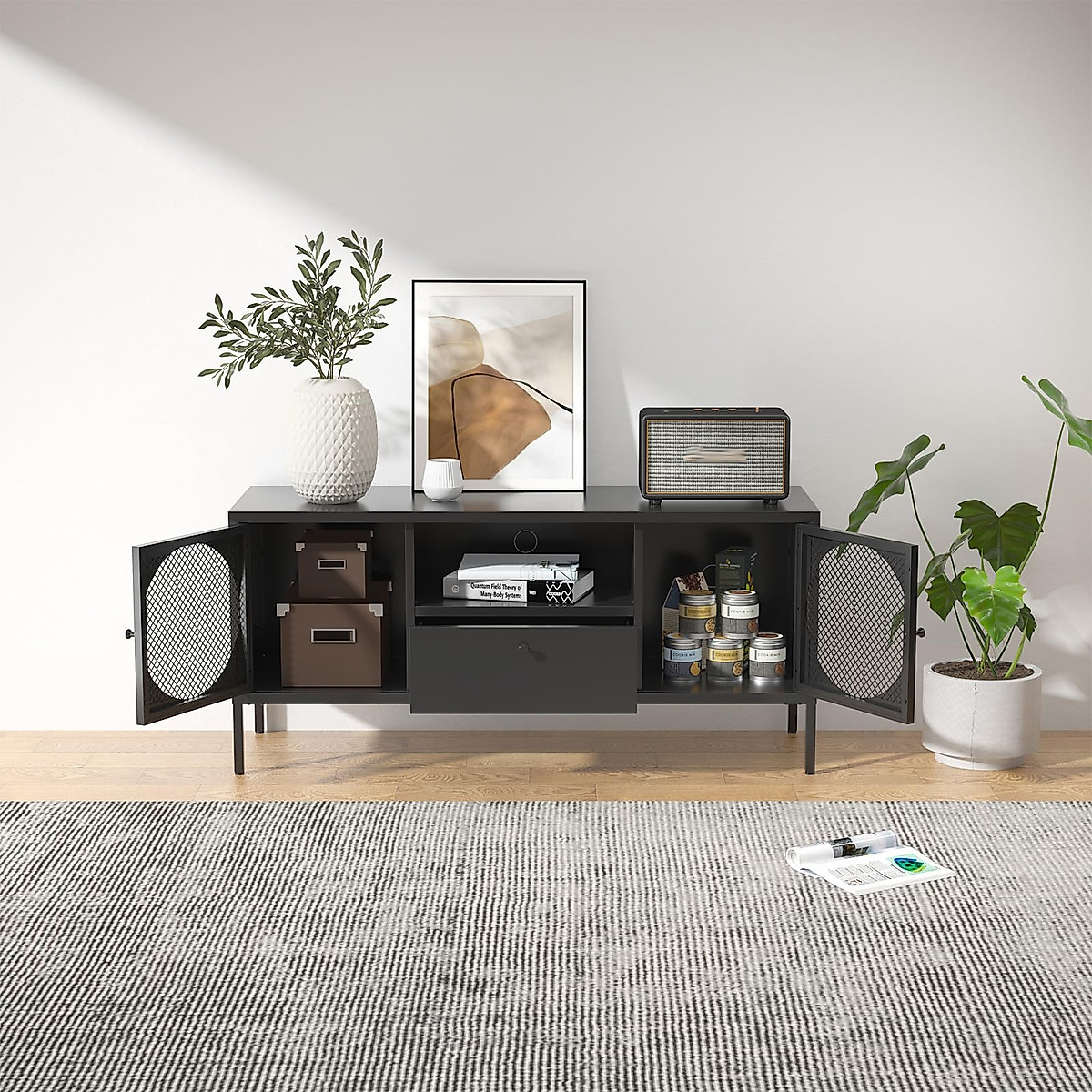 TV Stand Retro Record Cabinet Metal Storage Cabinet Cupboard Console Table Entertainment Center with Storage Cabinet Sideboard Buffet tv Stand Metal Locker Media Entertainment Center with Cable Hole