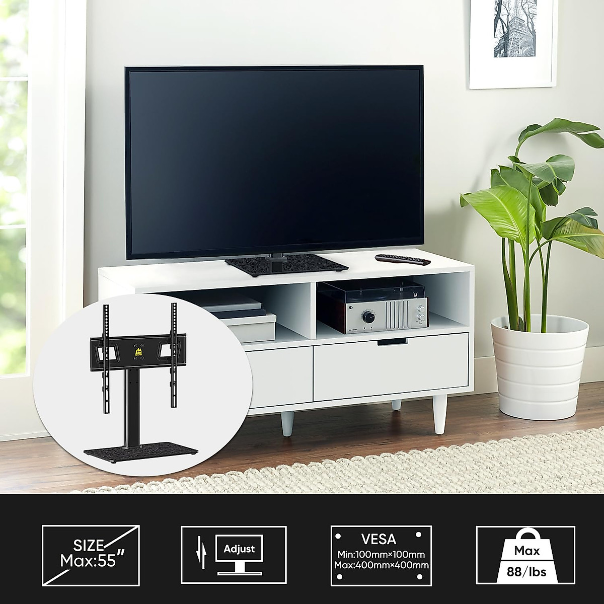 FORGING MOUNT Universal Swivel TV Stand with Tempered Glass Base for 26-55" TVs-Height Adjustment Tabletop TV Base Stand Mount, Holds up to 88lbs, Max VESA 400x400mm