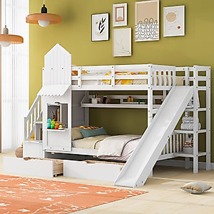 MERITLINE Twin Over Twin Bunk Bed for Kids, Castle Bunk Beds with 2 Drawers 3 Shelves and Slide, Solid Wood Twin Bunk Bed for Kids Girls Boys Teens (White)