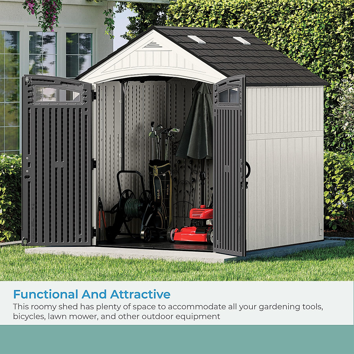 Suncast 7' x 7' Ridgeland Storage Shed for Large-Scale Yard Storage, All-Weather Outdoor Storage Shed with 2 Lockable Doors and Windows