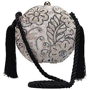 Fawziya Evening Clutch Sequin Embroidery Tassel Round Velvet Medium Novelty Purses For Women Crossbody-Beige