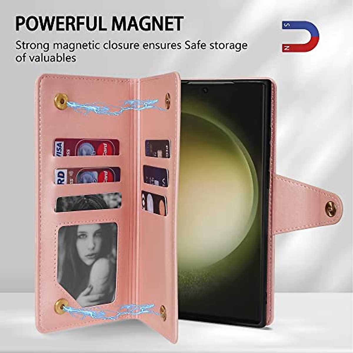 YWKJ Compatible with Samsung Galaxy S23 Ultra Case Wallet with RFID Blocking Card Slot Flip Leather Zipper with Strap Protective Phone Case for Samsung Galaxy S23 Ultra Wallet Case(Pink-6.8 inch)