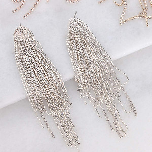 Humble Chic Simulated Diamond Earrings - Oversized Darling Waterfall Tassel CZ Statement Chandelier Studs, Cascade - Silver