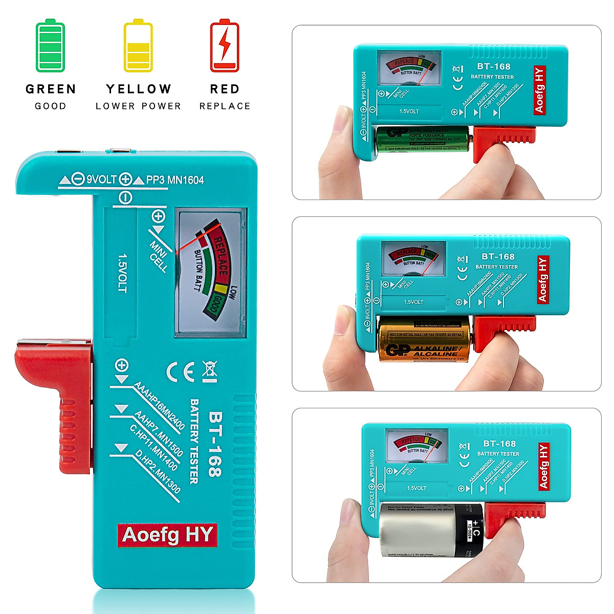 Aoefg HY-BT168 Battery Tester, Universal Battery Checker for AA AAA C D 9V 1.5V Button Cell Batteries(Requires No Battery for Operation)