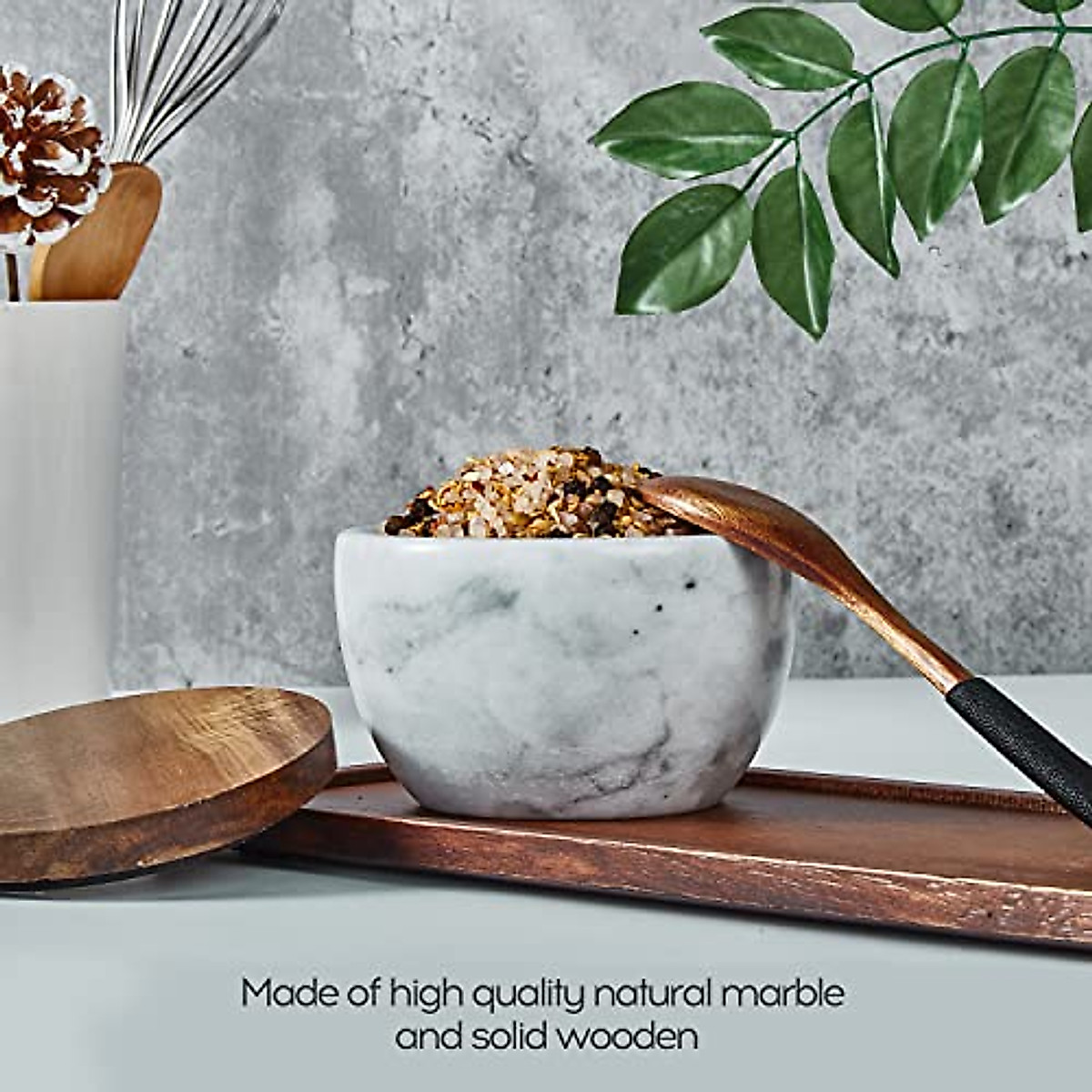 MarcZero Large Salt Box Spice Seasonings Keeper Pepper Container,Marble Base with Wooden Cover,Salt Cellar Big Capacity Elegant Design (White)