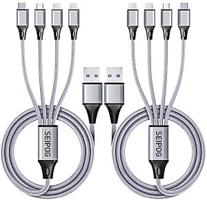 SEIPOG 4 in1 Multi Charger Cable Nylon Braided, 3A 4FT Universal Chargers for All Devices with Type-C/Micro USB Port, USB Charging Cable for All Cell Phones and More (Silver, 2Pack)
