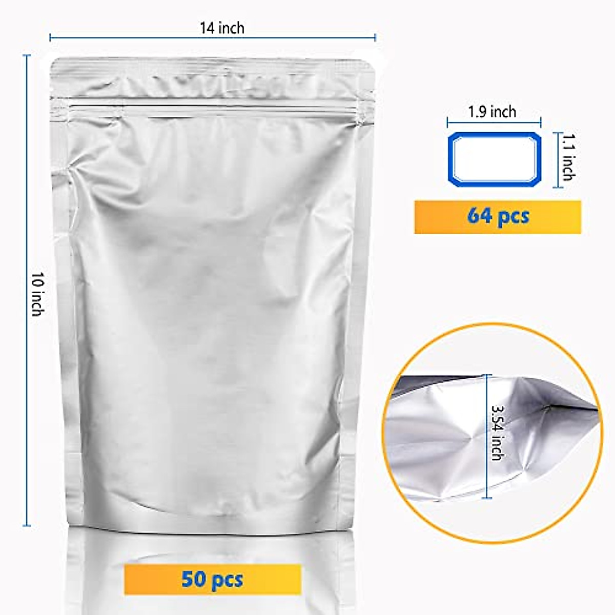 50Pack Mylar Bags for Food Storage With Label Stickers 9.4 Mil 10"x14" Extra Thick Resealable Bags for Nuts, Coffee, Tea Storage