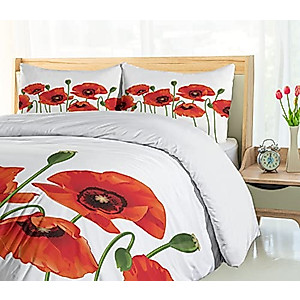 Ambesonne Floral Duvet Cover Set, Poppies of Spring Season Pastoral Flowers Botany Bouquet Field Nature Theme Art, Decorative 3 Piece Bedding Set with 2 Pillow Shams, Queen Size, Red and Green