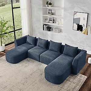 GNIXUU Modular Sectional Sofa, Modern Minimalist Boucle Fabric U-Shaped Sectional Couch, Comfy Double Chaise Lounge 4 seat Couch Set with Pillows for Living Room, Office, Apartment，117Inch(Blue)