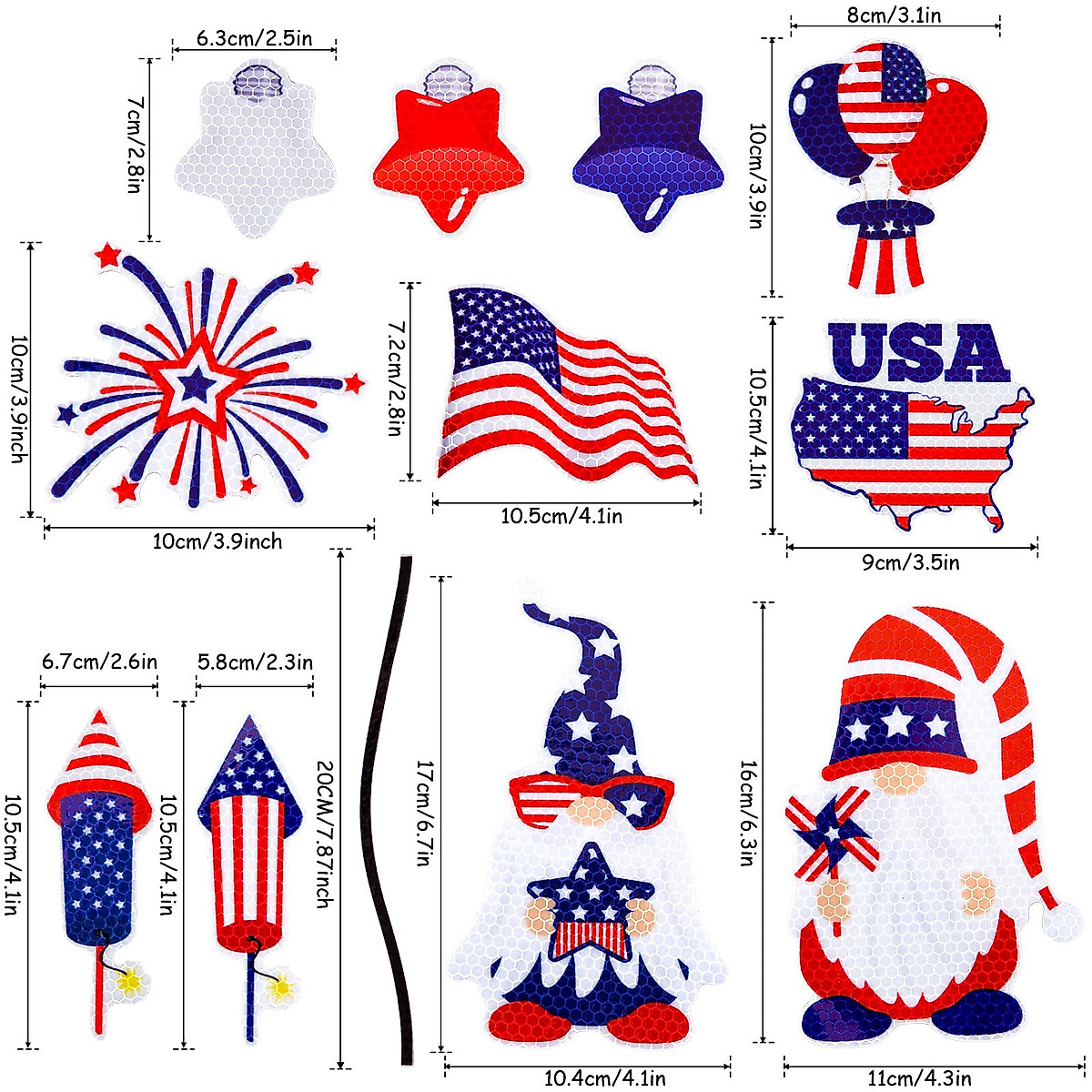 Whaline 24Pcs 4th of July Reflective Car Magnets Patriotic Refrigerator Magnets Independence Day Gnome Fridge Decor USA Flag Star Bulb Light Magnet with Lines for Kitchen,Metal Door,Cabinets,Mailbox