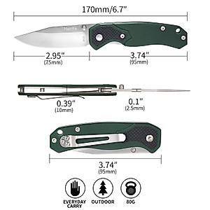 Outdoor Pocket Knife for Men with G10 Handle and 2.6-inch 8Cr13MoV Stainless Steel Blade, Portable Pocket Clip, Safety Liner Lock, Dark Green