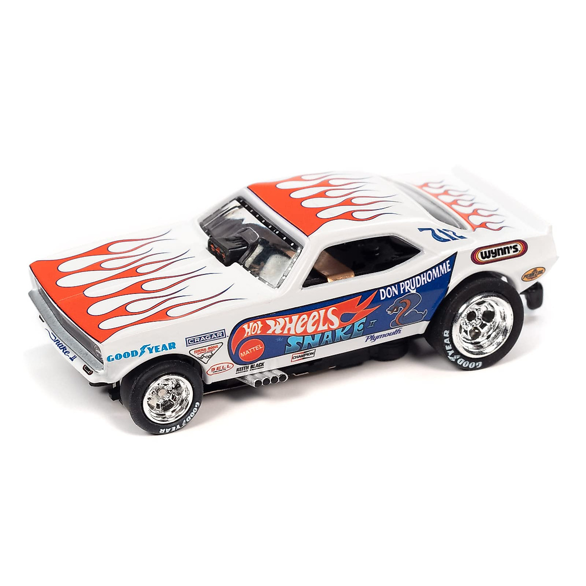 Auto World 4Gear Hot Wheels - Don The Snake Prudhomme/Snake II 1972 Plymouth Cuda Funny Car (White with Flames) HO Scale Slot Car