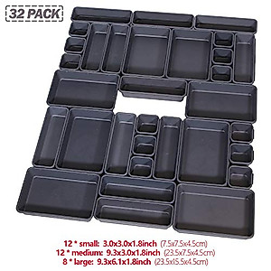 Set of 32 Interlocking Desk Drawer Organizer Tray Dividers Plastic Shallow Narrow Drawers Organizers Separators Storage Bins Container for Kitchen Bathroom Makeup Office Vanity Bedroom Dresser