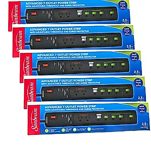 pot (Pack 5) Sunbeam Advance 7 Outlet Power Strip, 15A Power Strips with Surge Protection Cord, Power Outlet Extender with Adjustable Threshold
