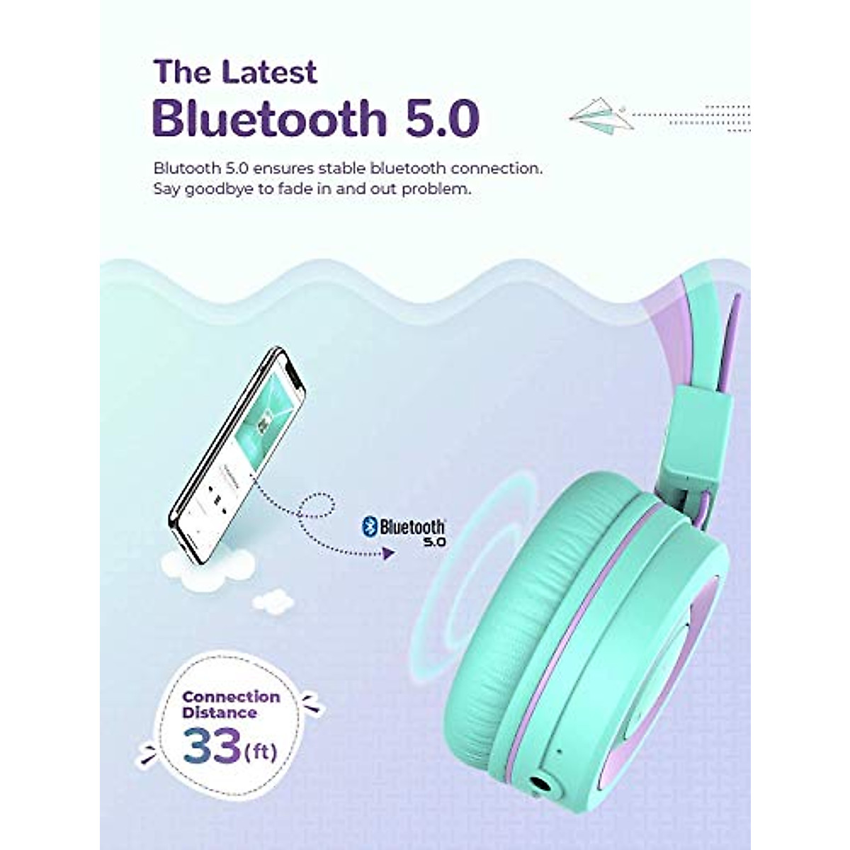 iClever Kids Bluetooth Headphones, BTH02 Kids Headphones with MIC, 22H Playtime, Bluetooth 5.0 & Stereo Sound, Foldable, Adjustable Headband, Childrens Headphones for iPad Tablet School (Green)